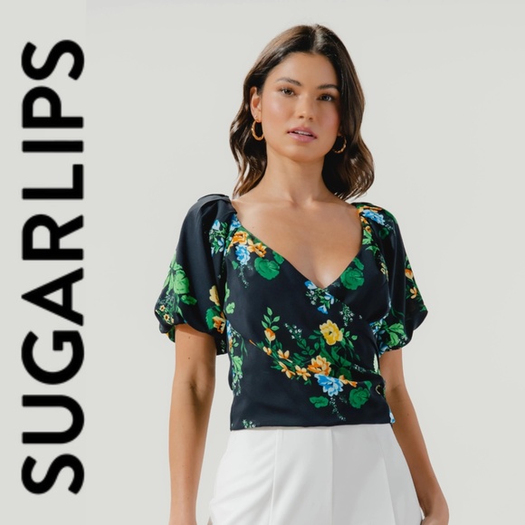 Sugarlips | Tops | Sugarlips Delphine Floral Puff Sleeve Crop Top ...